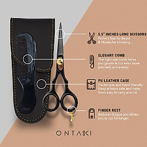 Ontaki 5.5" Beard & Hair Trimming Scissors - Professional Japanese Steel Hand-Forged Barber Shears for Mustache, Bangs, Men, Pets (Gold & Black) - Hair Scissors