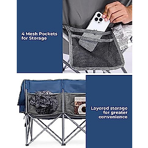 DEERFAMY Foldable Camping Loveseat with Cooler Bag and Cup& Wine Glass Holder,Portable Double Camping Chair for Adults with Padded Seats & Armrests, Heavy Duty Outdoor Loveseat Supports up to 530lbs