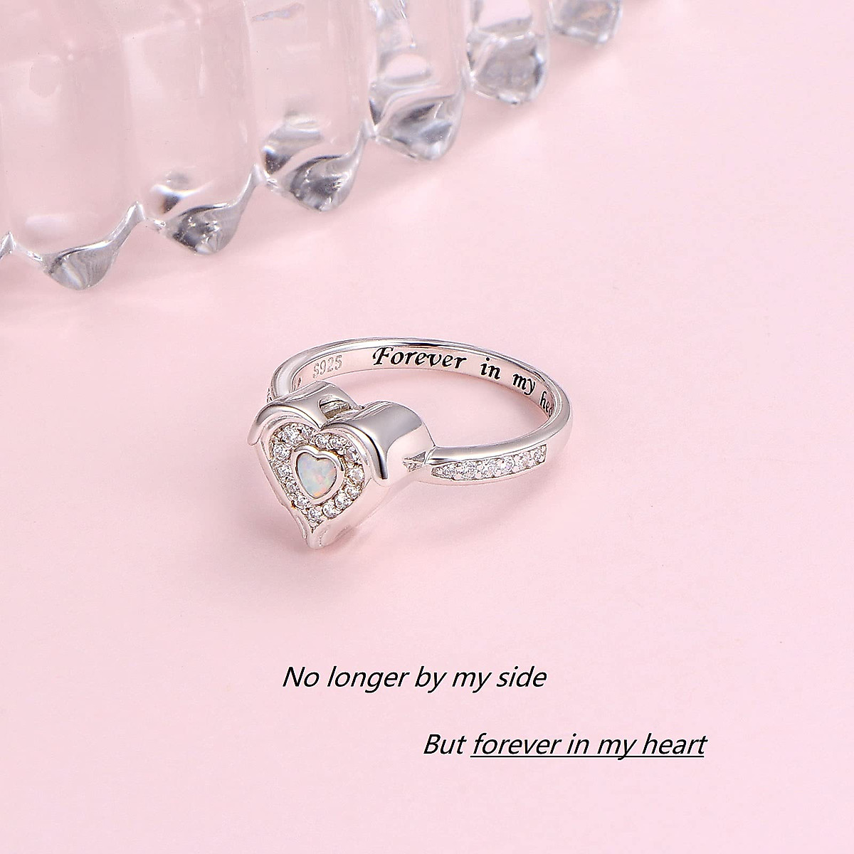 925 Sterling Silver Lab Opal Heart Urn Ring for Ashes Angel Wings Cremation Jewelry Memorial Keepsake Rings for Women Girls Size 7