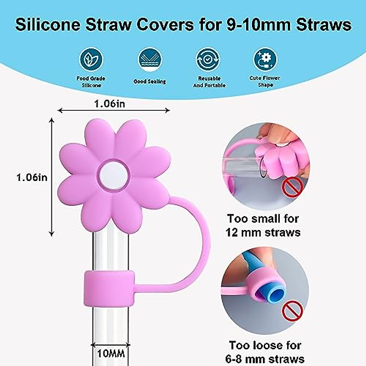 10pcs Flower Straw Topper Fitting for Stanley Straw Covers, Silicone Straw Covers Cap for All 9-10mm Straws, Reusable Straw Covers Compatible for Stanley 30&40 Oz, Straw Toppers Suited for Stanley Cup