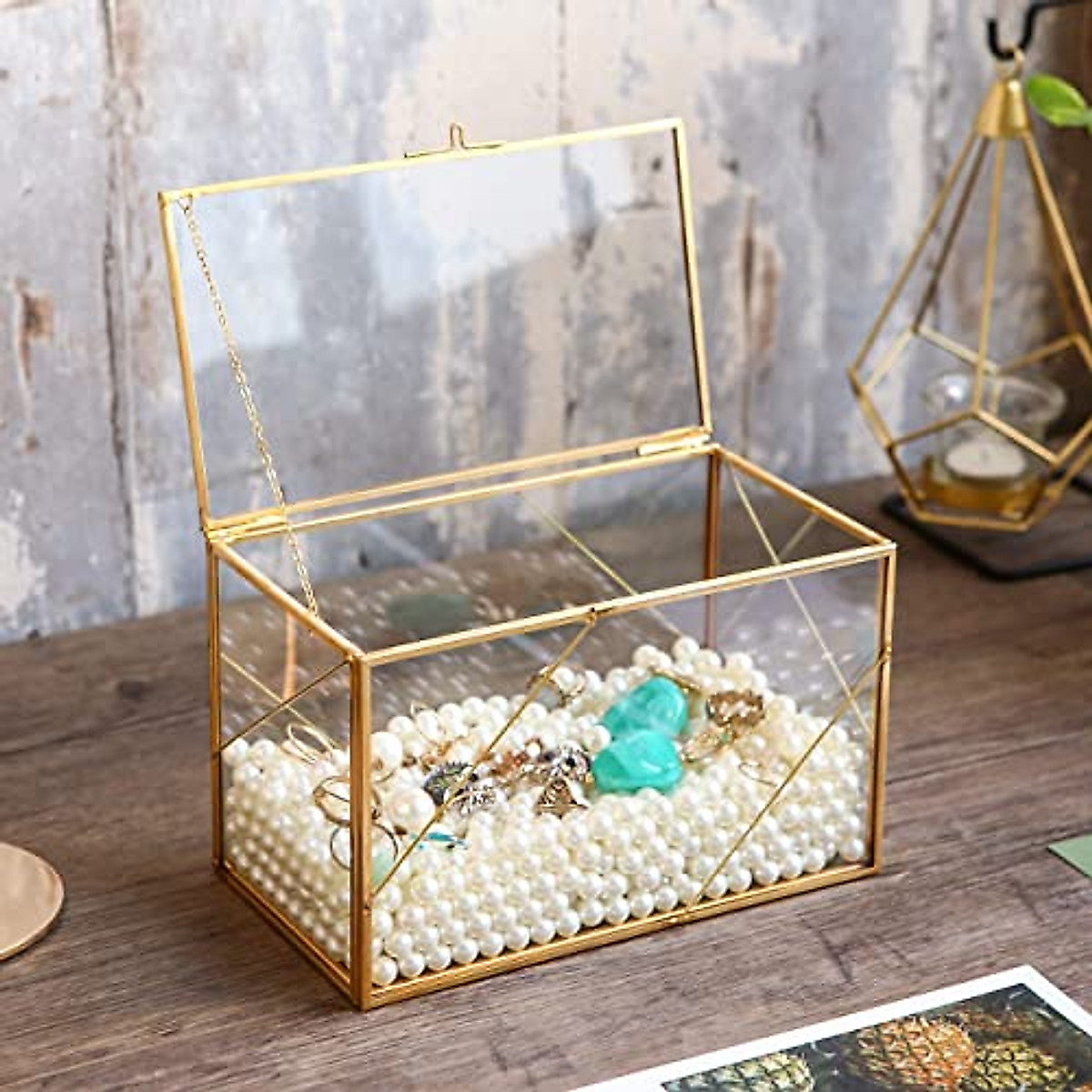 Utopz Decorative Clear Glass Box with Golden Geometric Line & Brass Shadow Box, Jewelry Display Treasure Case, 8 × 4.5 x 5 inch
