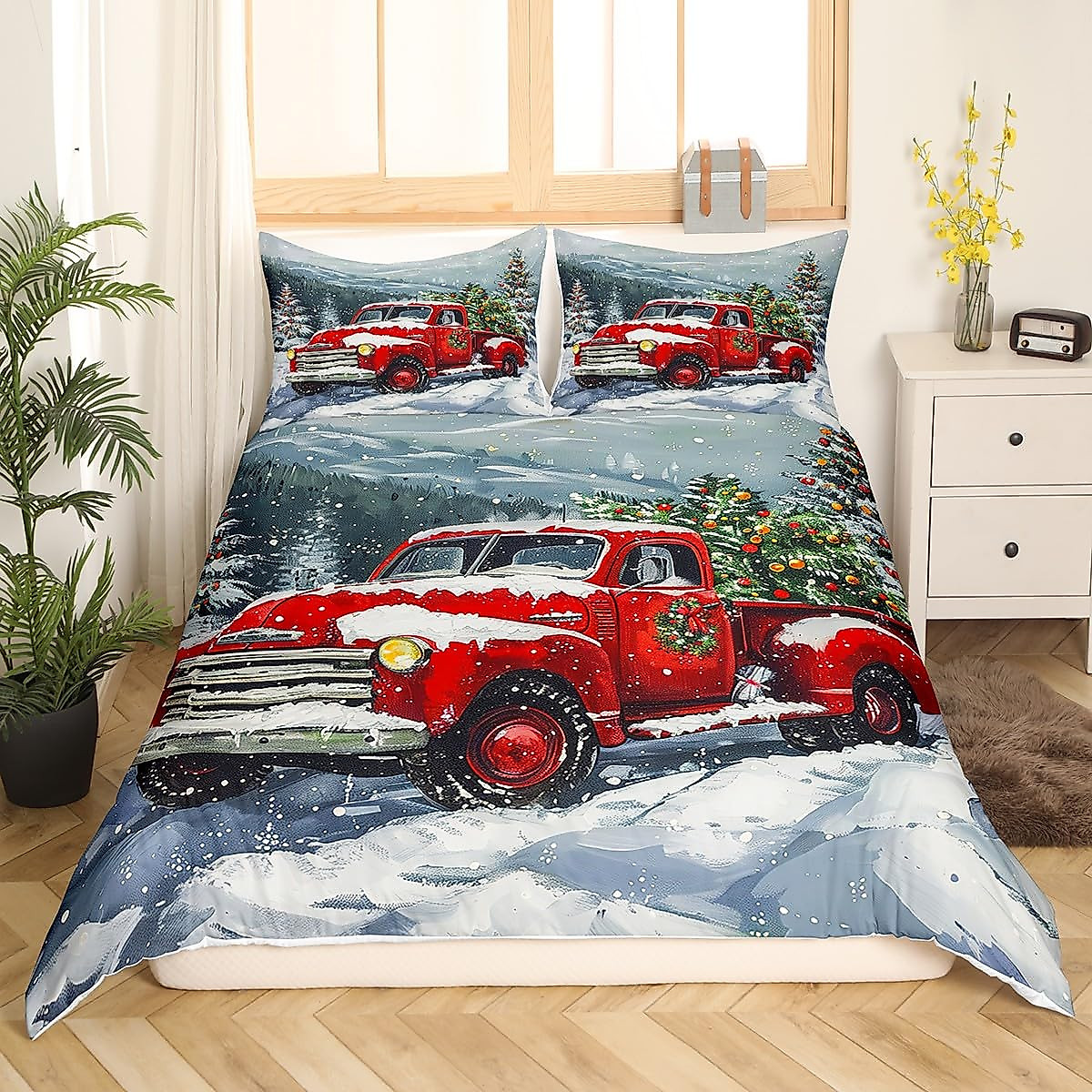 Red Christmas Truck Duvet Cover Set King Size,Winter Snow View Bedding Set for Kids Boys Girls Adults Room Decor,Happy New Year Themed Comforter Cover 3pcs Xmas Pine Quilt Cover,2 Pillowcases