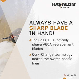 Havalon Piranta-Edge - Outdoor Knife + 12 Replacement Blades, Sharp Skinning Knives for Hunting, Fishing, Deer & Survival, Orange
