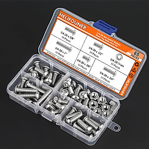 HELIFOUNER 65 Pieces 5 Sizes 304 Stainless Steel 1/4-20 x 3/8" 1/2" 5/8" 3/4" 1" UNC Thread Button Head Socket Cap Screws Bolts Kit