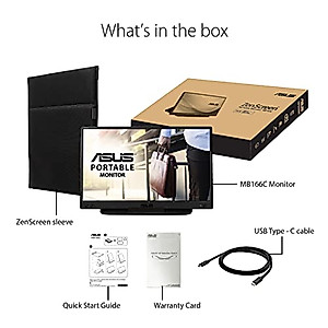 ASUS ZenScreen 15.6” 1080P Portable USB Monitor (MB166C) - Full HD, IPS, USB Type-C, USB-Powered, Eye Care, Tripod Mountable, Anti-Glare Surface, Protective Sleeve, 3-Year Warranty, 8.9"x14.2"x0.5"