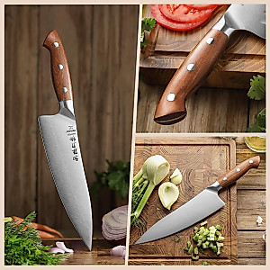 HEZHEN Pro Chefs Knives 8.3 Inch,High Carbon German 1.4116 Steel,Stainless Steel Rivets with Red Wood Handle，Razor Sharp,Super Edge,with Woodern Knife Sheath