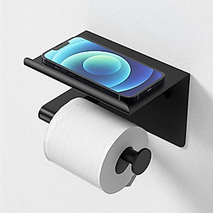 GLNLQ Toilet Paper Holder Wall Mount, Fits Mega Rolls Size Matte Black Toilet Paper Holder with Shelf, Rustproof Stainless Steel Self Adhesive Toilet Paper Holder, Black Bathroom Toilet Paper Holder