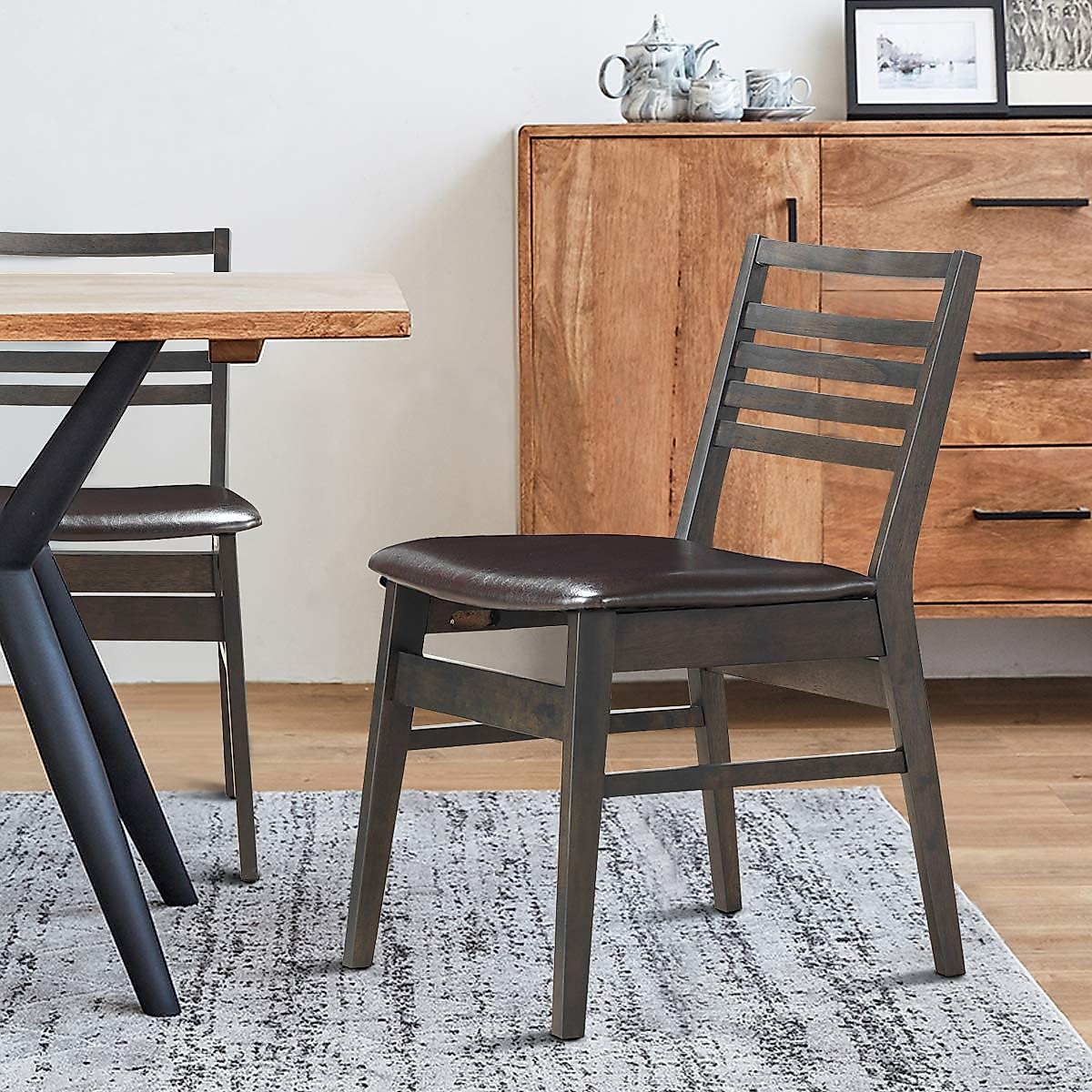 COSTWAY Dining Chairs, PU Leather Upholstered with Foot Pads, Ergonomic Armless Leisure Chair, Rubber Wood Frame Wear-Resistant Cover for Home Office (Set of 2, Brown)