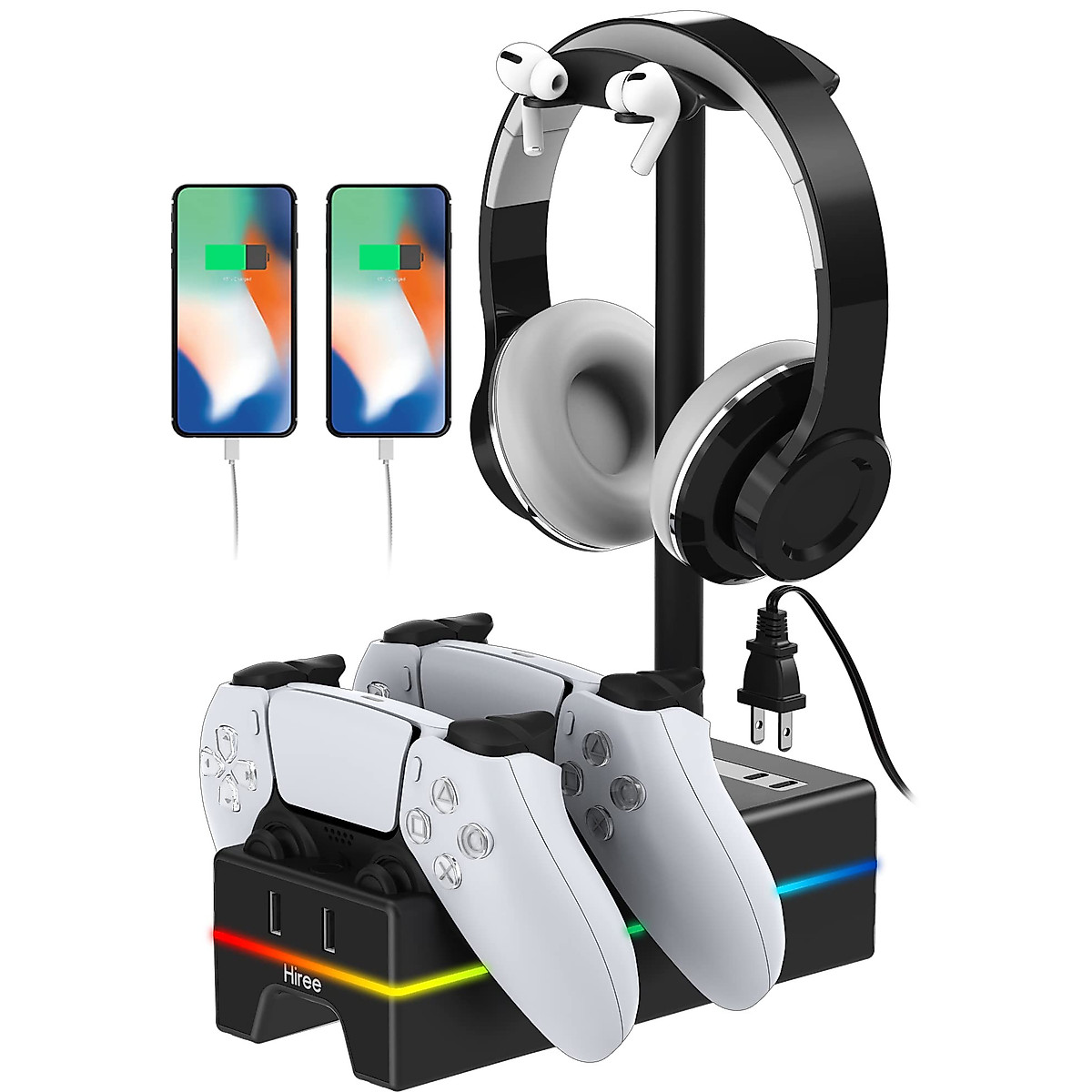 PS5 Controller Charger with USB Charging Ports and AC Outlets, RGB DualSense Charging Station Dock for Dual Ps 5 Controller with Headset Holder