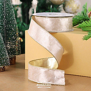 DINDOSAL Champagne Gold Velvet Ribbon Wired 1.5" x 10 Yards Champagne Christmas Wired Ribbon with Gold Back Tree Ribbon for Wreaths and Garlands, Topper Bows, Crafts, Home Decor, Gift Wrapping