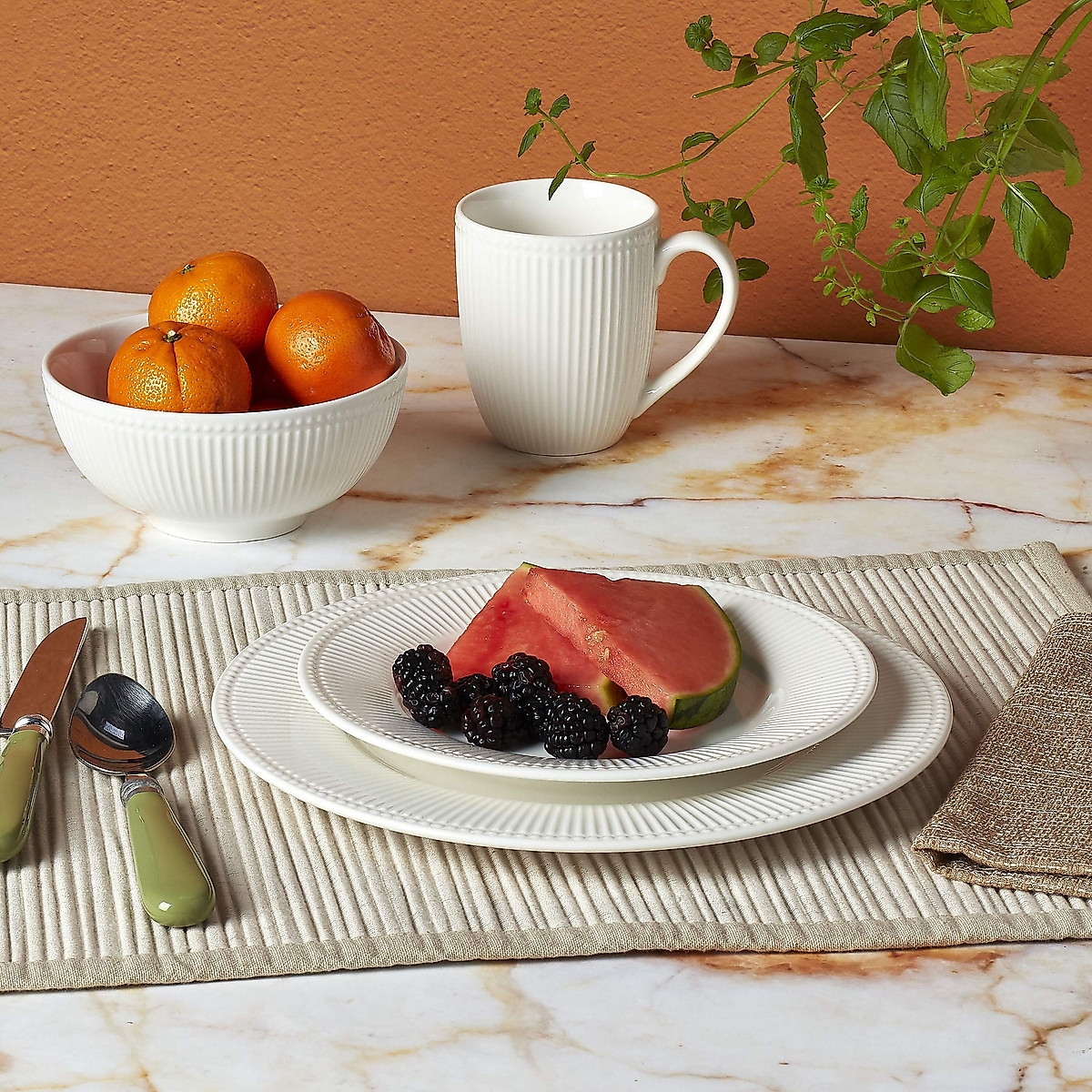 Tabletops Gallery Embossed Bone White Porcelain Round Dinnerware Collection- Chip Resistant Scratch Resistant, Fleur 16 Piece Dinnerware Set (Dinner Plate, Salad Plate, Cereal Bowl, Mug)