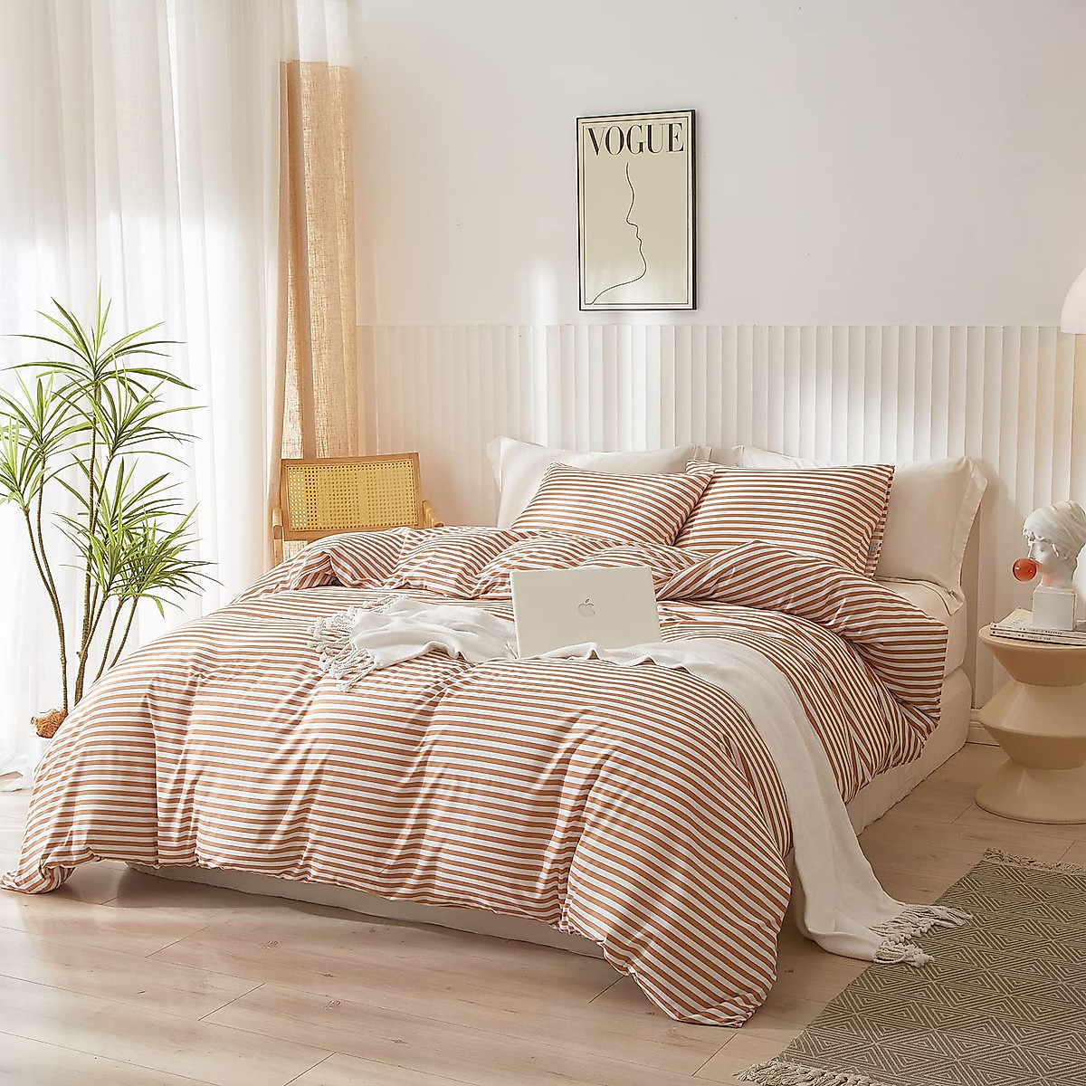 EAVD Duvet Cover Queen White and Khaki Striped Duvet Cover Soft Microfiber Modern Striped Gemetric Pattern Bedding Set with 2 Pillowcases Reversible Striped Comforter Cover with Zipper Closure