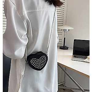 Cute Heart Shaped Mini Crossbody Bags for Women Girls Small Round Purse PU Leather Mini Shoulder Bag with Bling Rivets & Chain Strap (Black,Heart Shaped)
