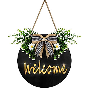 Welcome Door Sign for fronts Door, Hanging Round Sign Farmhouse Porch Decor with LED Lights, Welcome Hanging Sign for Home Indoor Outdoor House
