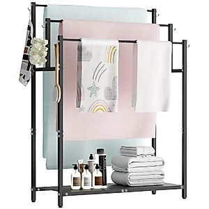 Mondazie 44” Tall Free Standing Towel Racks with 6 Hooks for Bathroom, 3 Tiers Oversized Pool Bath Towels Drying Stand, Metal Blanket Ladder Holder with Storage Shelf for Bedroom Living Room, Black