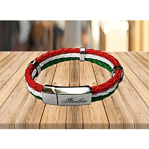 Tricolor Leather Bracelet with Stainless Steel Clasp in Italy Flag Colors - Great Italian Themed Jewelry Gift for Women and Men