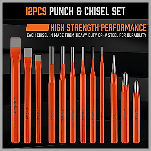 HORUSDY 12-Piece Punch and Chisel Set, Including Taper Punch, Cold Chisels, Pin Punch, Center Punch