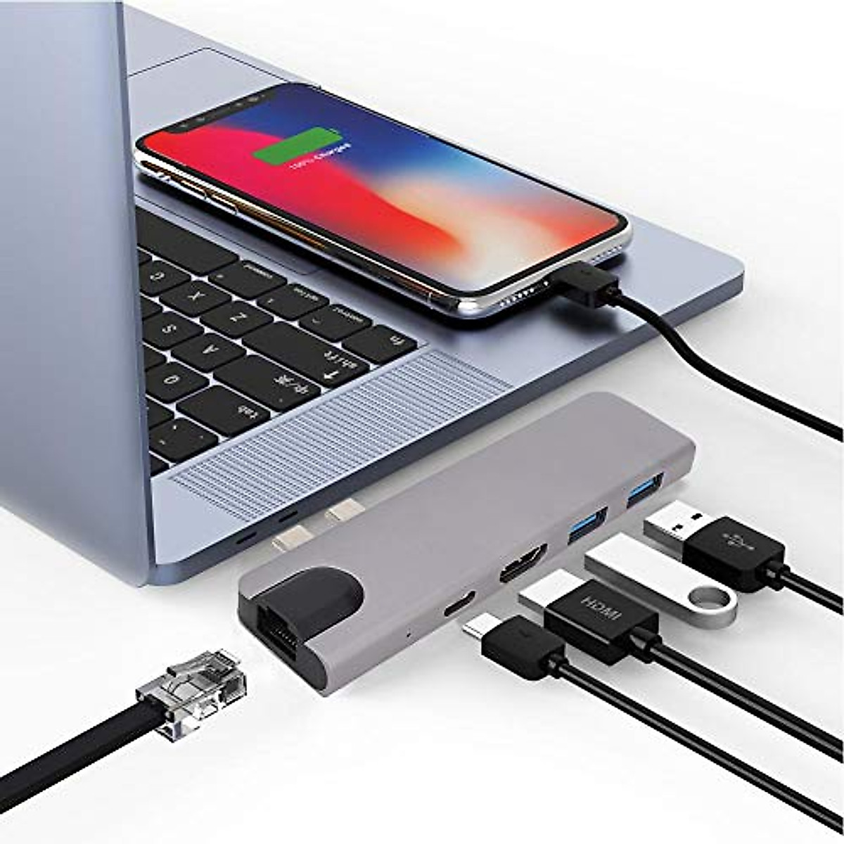 USB C Hub, 7 in 1 Type C HUB Multiport Adapter with 2 USB3.0, 4K HDMI Port, Gigabit LAN Port for MacBook/MacBook Pro 2017/2018.
