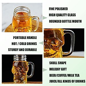 GXFCCYXT 16oz Skull Mason Jar Glass Cup - Set of 4, with Handle & Striped Straws & Black Lids, for Cold & Hot Drinks, Cute Reusable Beer Bottle, Iced Coffee Glasses, Party Juice Glass Cup