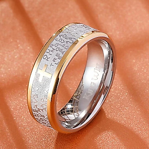 King Will 8mm Lord's Prayer Cross Ring Stainless Steel Ring Gold Silver Wedding Band Bible Engraved Rings High Polished 13.5