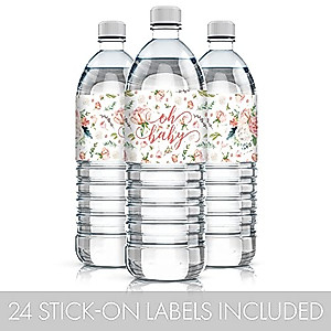 Pink Floral Baby Shower Water Bottle Labels - Boho Garden Themed Waterproof Wrappers - 24 Stickers - It's a Girl Theme