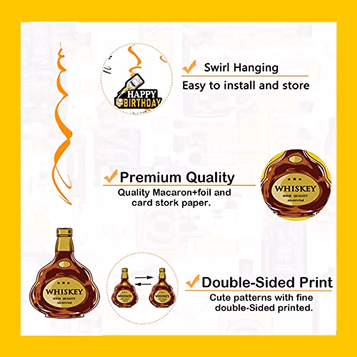 UOMNICUE Whiskey Swirls Happy Birthday Party Decorations for Men, Perfection Party Supplies Whiskey Party Hanging Swirls Ceiling Streamers for 30th 40th 50th Birthday Decorations Cheers Party