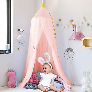 Jolitac Princess Bed Canopy for Girls Room Decor Round Lace Mosquito Net Play Tent Reading Nook Canopies Yarn Girl Dome Netting Castle (Pink)