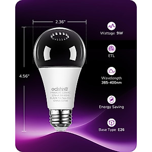 EDISHINE 6 Pack Black Light Bulb, 120V 9W UV Blacklight Bulbs with UVA Level 385-400nm, A19 E26 Base, LED Black Light Bulb for Blacklight Party, Body Paint, Fluorescent Poster, Halloween, ETL Listed