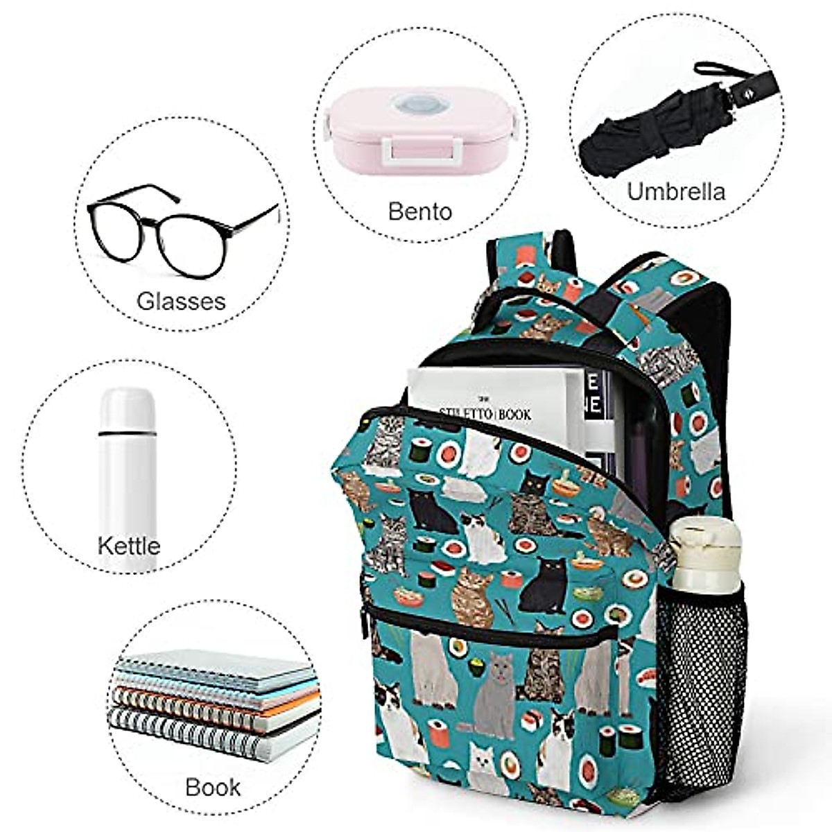 Cats Sushi Travel Backpack Casual Sports Bag Oxford cloth suitable For Study Shopping traveling camping
