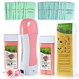 Roll On Wax Kit for Hair Removal, Rose Soft Wax Roller Kit for Women Men Waxing with 100 Wax Strips + 10 Pre Clean Wipes and 20 After Oil Bag, Depilatory Wax Warmer for Sensitive Skin at Home