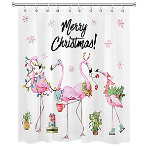 HVEST Merry Christmas Shower Curtain, Pink Flamingo and Pineapple Cactus on White Background Shower Curtain for Bathroom, Winter Snowflake Fabric Shower Curtain with Hooks, 60W x 72L Inches