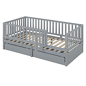 Twin Size Daybed with Fence Guardrails and 2 Drawers, Wood Twin Bed Frame Montessori Bed with Storage for Kids Girls Boys ,Can Split into Independent Floor Bed & Storage Daybed ,Grey