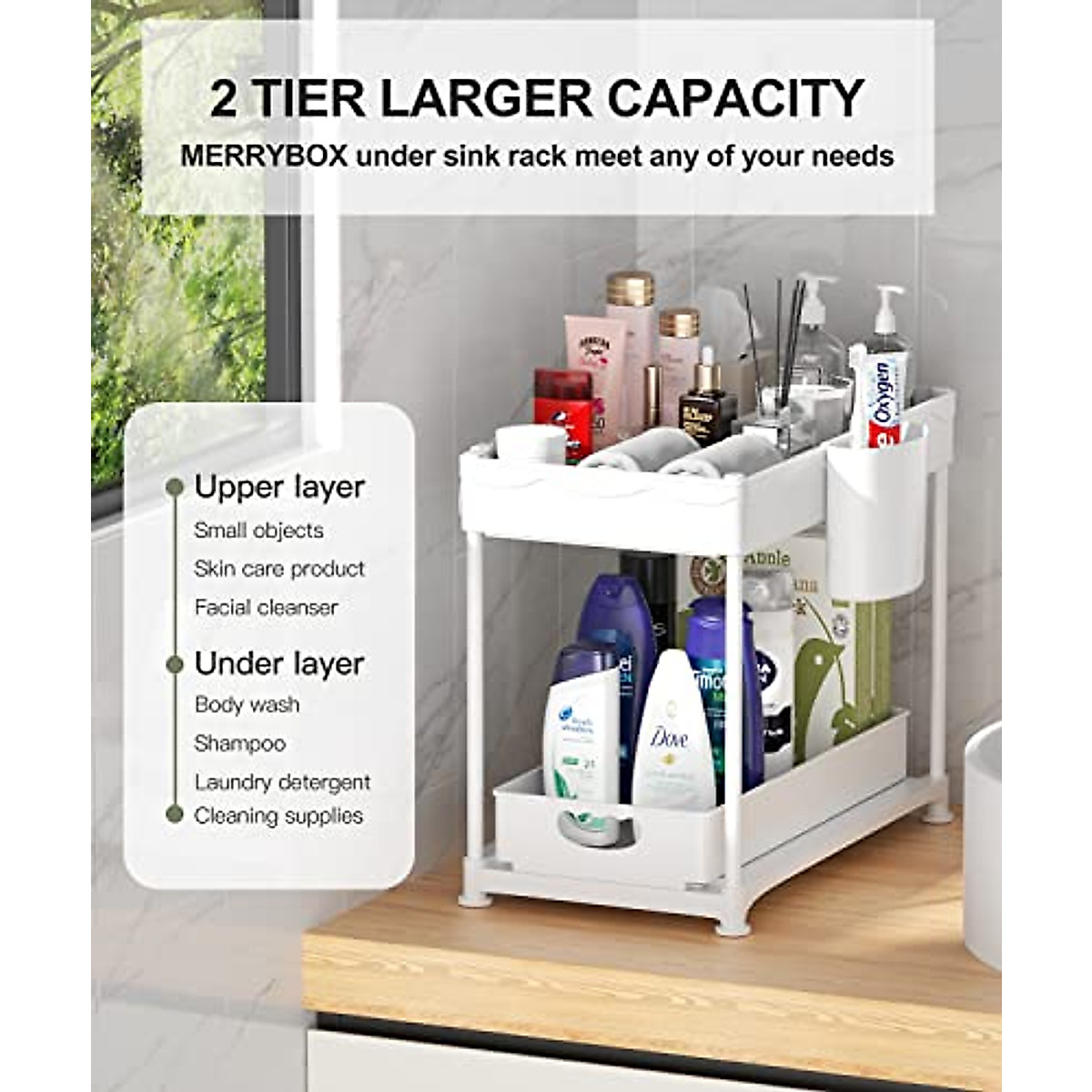 MERRYBOX 2 Pack Under Sink Organizers and Storage, Sliding Under Bathroom Cabinet Organizer, 2 Tier Kitchen Under Sink Organizer Pull Out Drawer with 8 Hooks, 2 Hanging Cups, 8 Non-Slip Feet, White