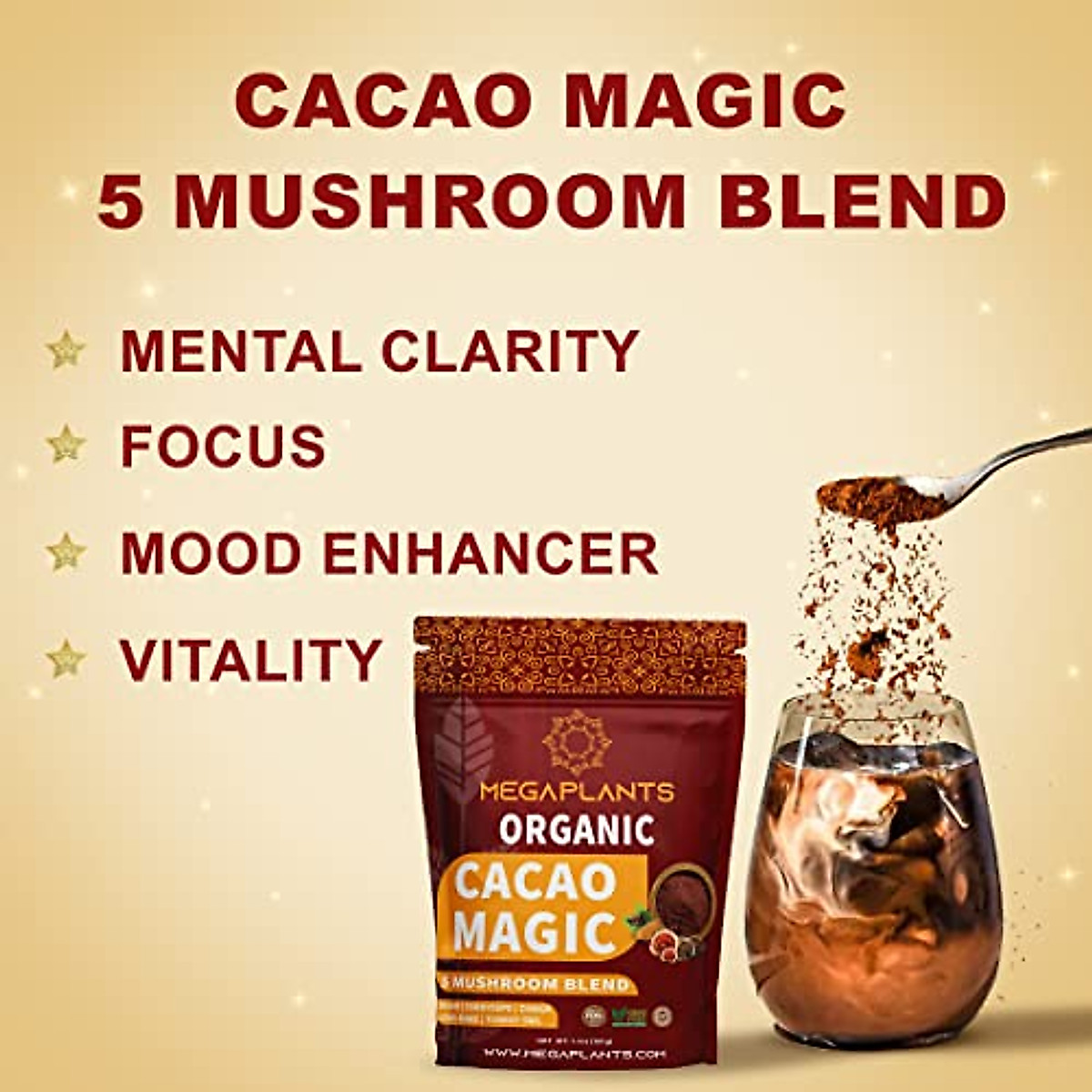 Cacao Magic | Superfood 5 Mushroom Blend for Focus, Mental Clarity & Energy | Lions Mane, Reishi, Chaga, Cordyceps, Turkey Tail | Smoothie, Hot Chocolate, Coffee Alternative (50 Servings)