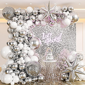 135pcs Disco Balloon Arch Garland Kit, White Silver Balloons with Disco Ball Balloons Silver Foil Balloons for Birthday Decorations Graduation Prom Decorations 2024 Disco Party Decorations