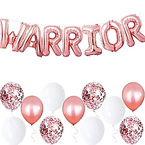 Tihuprly Survivor Cancer Free Party Decorations Included Rose Gold "WARRIOR" Foil Balloons + 20 Latex Balloons +1 Rose Gold Glitter " WARRIOR" Sash - Beat Cancer Breast Cancer Protection Banner