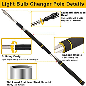 Greeily High Reach Light Bulb Changer, 2ft to 6ft Light Bulb Changer for High Ceilings with Extension Pole Baskets and Suction Cup Bulb Removal Tool Stainless Steel Material Sturdy Durable (6FT)