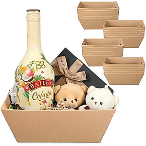 24 Pcs Basket for Gifts 9.8 x 6.5 Inch Christmas Treat Boxes Empty Sturdy Cardboard Trays with Handles Bulk Gift Basket Market Tray Favor for Gift Giving Christmas Decorations(Tan)