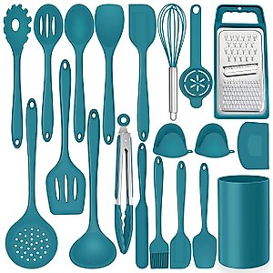 Homikit 20-Piece Kitchen Utensils Sets with Holder, Navy Blue Teal Silicone Cooking Utensil Heat Resistant, Nonstick Cooking Tools Include Spatula Spoon Turner Ladle Tong Whisk Grater, Dishwasher Safe