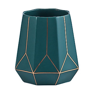 YOSCO Ceramic Desk Cute Pen Holder Stand Gold Line Pencil Cup Pot Desk Organizer Makeup Brush Holder (B-Dark Green)