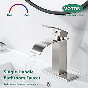 VOTON Waterfall Spout Single Handle Bathroom Faucet Brushed Nickel Commercial Modern Lavatory Tap with Pop-up Drain