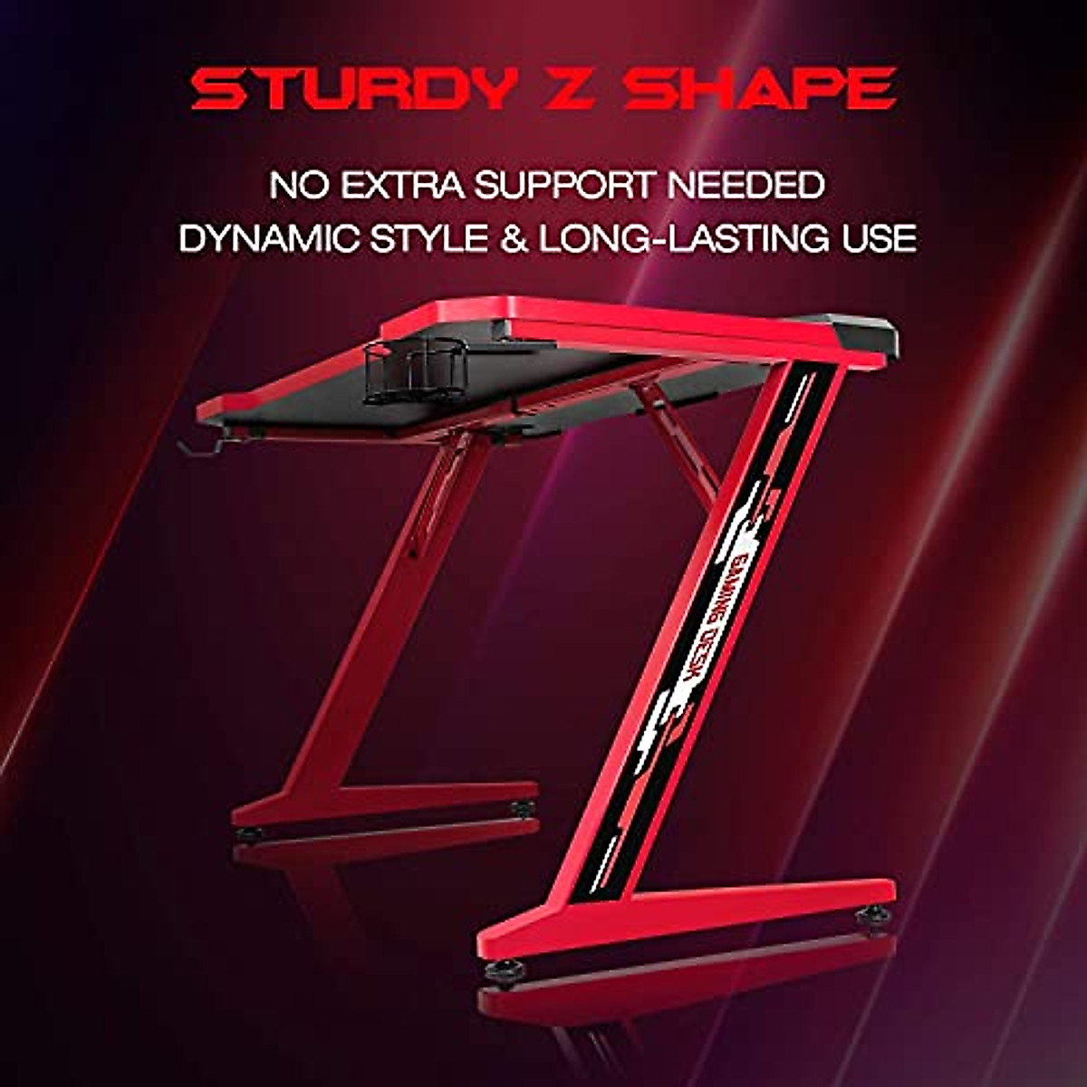 Flamaker Gaming Desk 44 Inch Gaming Table Computer Desk Gamer Table Z Shape Game Station with Large Carbon Fiber Surface, Cup Holder & Headphone (Red)