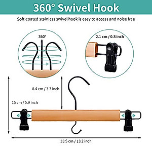Perfecasa Premium Wooden Pants Hangers 10 Pack, Skirt Hangers with Two Sure Grip Clips, Noise Canceling Swivel Hook (Clear Natural)