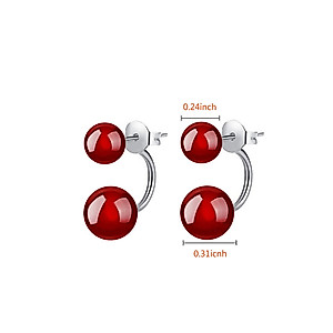 Women Earrings Natural Onyx Double Beads with Stud Earrings 925 Sterling Silver Jewelry (red)