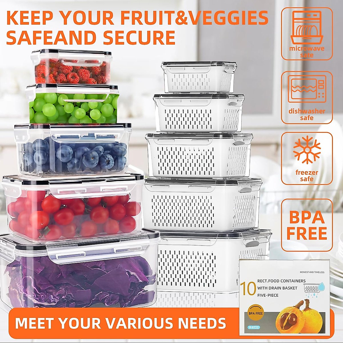 10 PCS Fruit Storage Containers for Fridge with Removable Colander, All-In-One Vegetable Berry Storage Containers for Washing, Draining, Freshness, the Largest Size with Handles