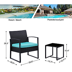 Skyfish 3 Pieces Patio Furniture Set Outdoor Wicker Patio Bistro Set Conversation Rattan Chair Set 3 PCS with Coffee Table for Yard & Bistro (Blue)