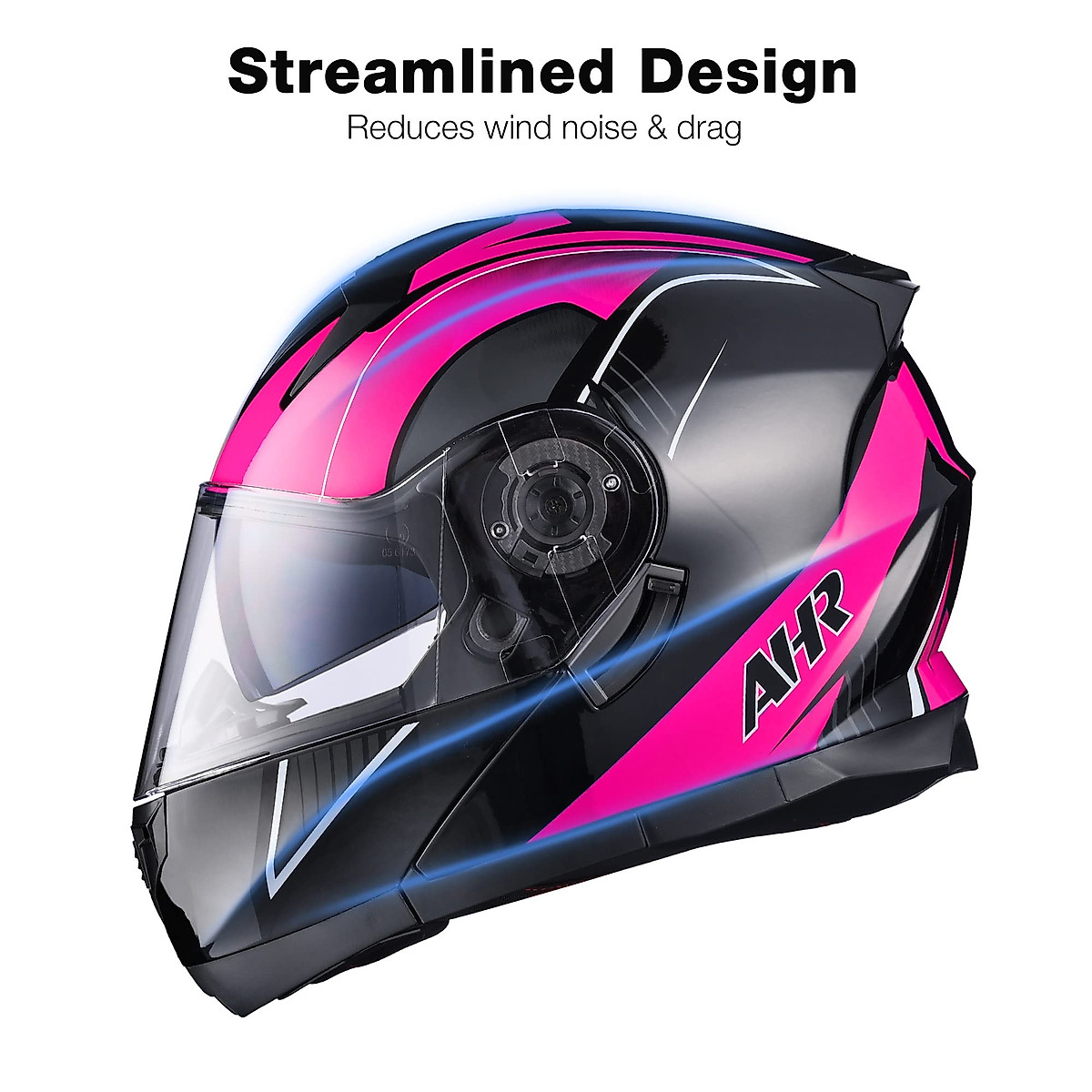 AHR Motorcycle Helmet Dual Visor Modular Flip up Full Face Helmet DOT Approved - AHR Helmet Run-M3 for Adult Motorbike Street Bike Moped Racing (Black Pink, L)