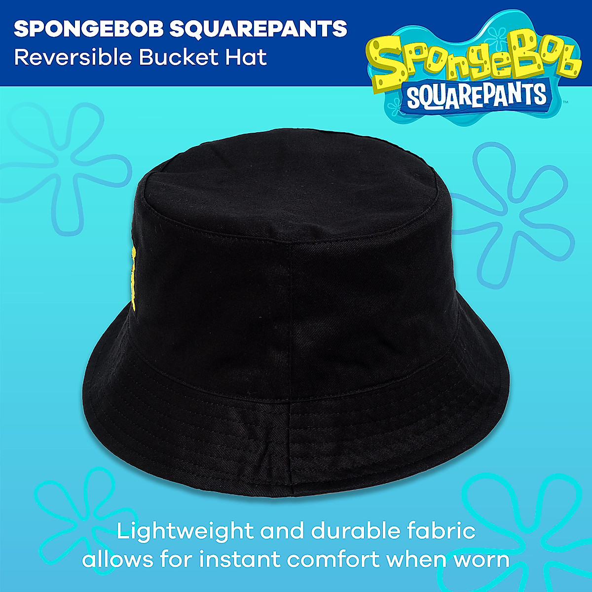 Spongebob Squarepants Bucket Hat, Packable Travel Hat, Reversible Wide Brim Summer Cap, Black and Yellow, One Size