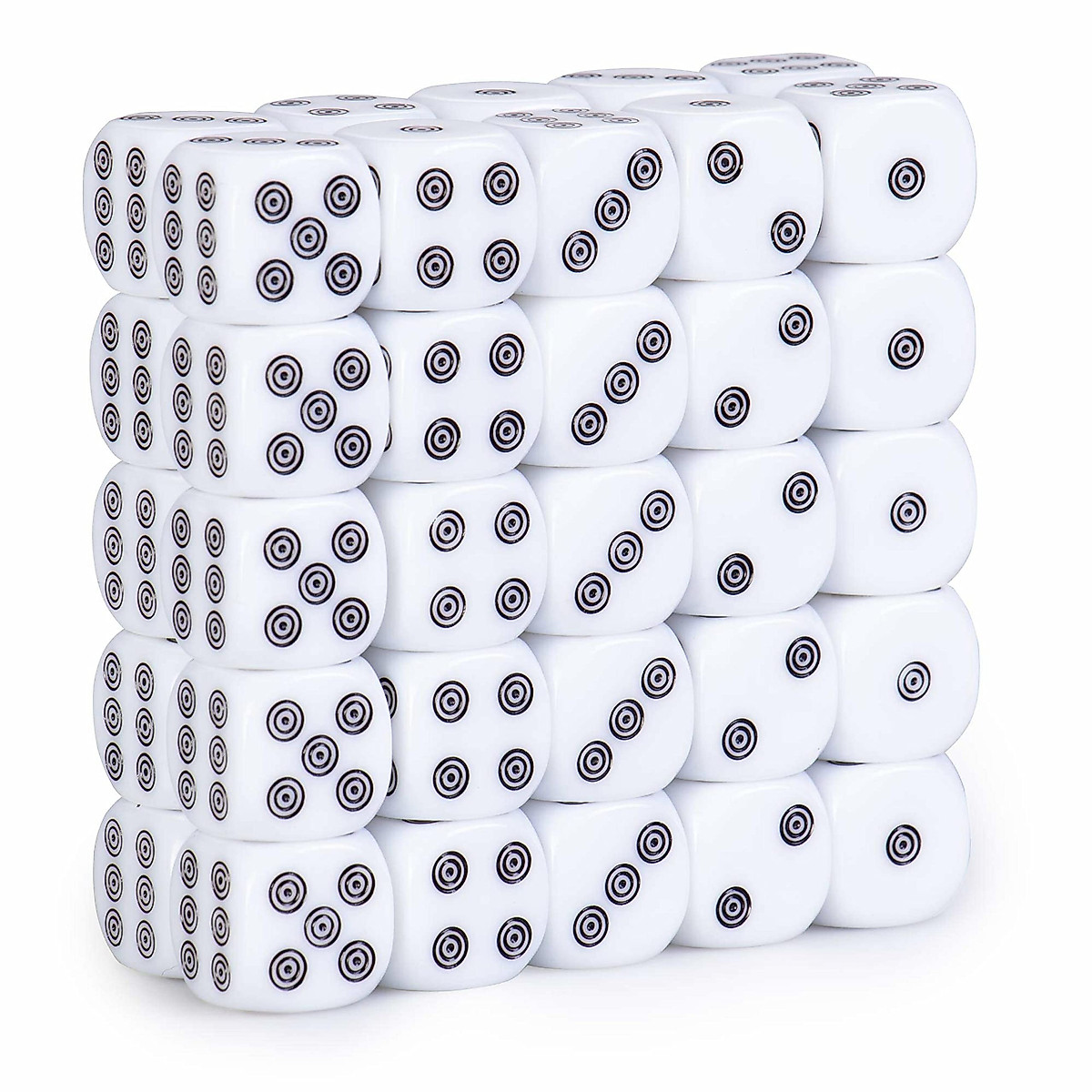 50-Pack of Bullseye Dice - 16mm Six Sided Dice with Unique Target Pips - Classic Dice for Games Like Farkle, Liar's Dice, Bunco, Balut, 10000, Craps, and More