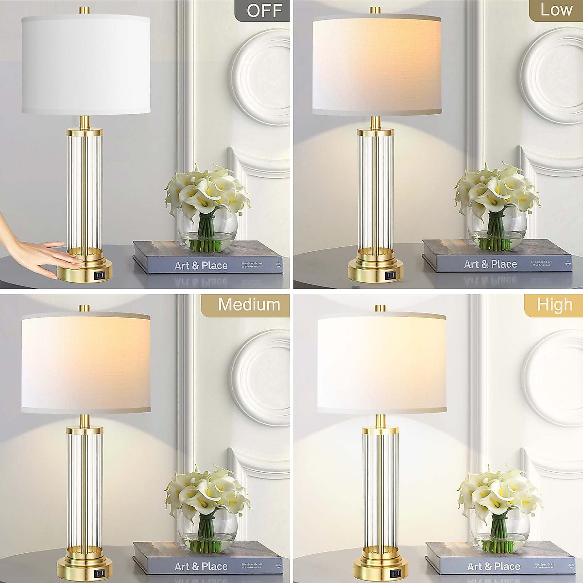 QiMH Touch Control Table Lamp Set of 2 with USB Ports, 3-Way Dimmable Nightstand Lamp with Fabric Cream Shade, Modern Bedside Lamp for Living Room Bedroom Reading, LED Bulbs Included